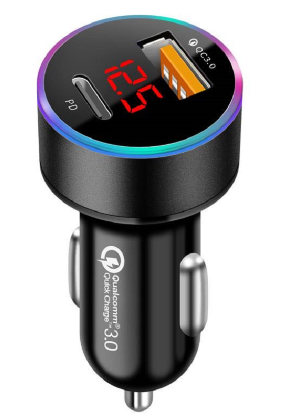 13191 M27 Autós töltő + voltmérő - USB + USB-C (PD) - Quick
